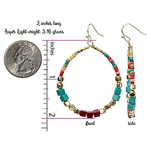 SPUNKYsoul Bohemian Multi-Colored Cube Beaded Hoop Earrings for Women (Teal/Red/Cube)