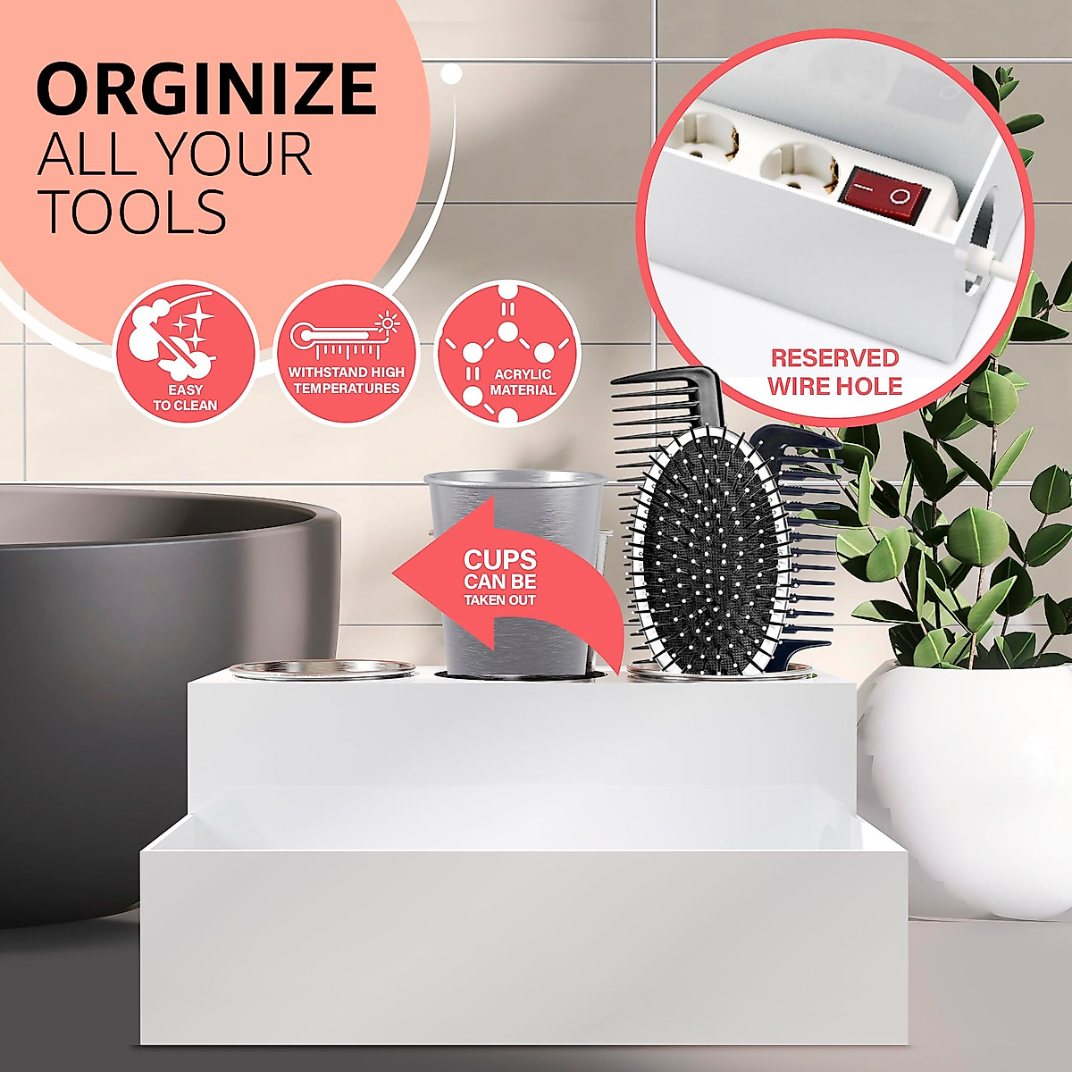 Levitural Premium Acrylic Hair Tool Accessories Organizer Stand – Portable Hair Dryer, Brush, Straightener, Curling Iron Holder Countertop and Storage for Bathroom Vanity Cabinet (White)