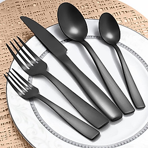 60-Piece Black Silverware Set for 12, HaWare Stainless Steel Flatware with Mellow and Full Square Handle, Cutlery Set for Home Kitchen, Include Fork Knife Spoon, Matte Finish, Dishwasher Safe