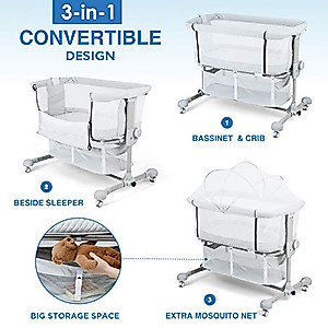 beiens Baby Bassinet 3 in 1, Baby Crib Bedside Sleeper with Detachable Mosquito Net, 6 Height Adjustable Easy Folding Bedside Bassinet Portable Nursery Bed for Infant, Newborn, Baby Boys & Girls