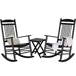 VEIKOU Rocking Chair, Set of 3 Outdoor Rocking Chair with Side Table,275Lbs Weight Capacity,Wooden Rocking Chair for Porch, Backyard, Indoor, Black