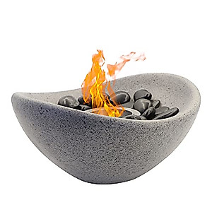 Concrete Table Top Fire Bowl, Ventless Outdoor Portable Bio Ethanol Fire Pit, Round Table Fireplace, Lightweight, For Outdoor Backyard Terrace Patio Includes 1 Canister and 500g Decorative Glass Beads