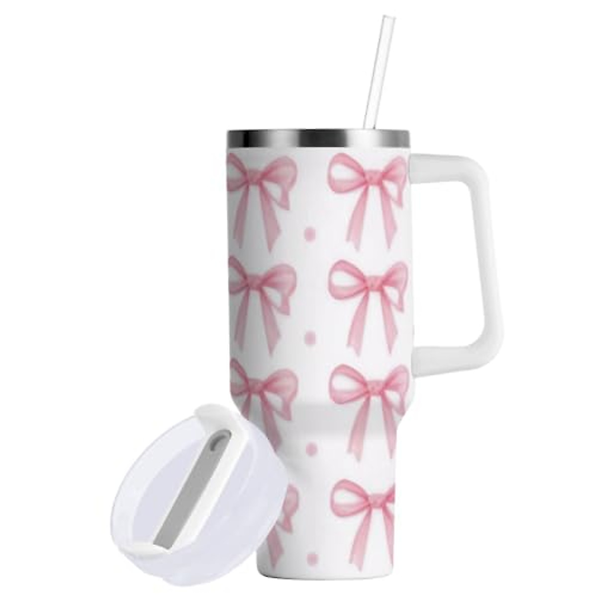 PaChyLuu 40 oz Insulated Tumbler with Handle and Straw Lid, Elegant Bows Leak-Proof Stainless Steel Travel Coffee Mug for Car Cup Holder