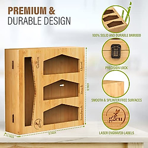 g2cu Bamboo Ziplock Bag Organizer For Kitchen Drawer Includes Set of 16 Food Bags-Wall Mounted Baggie Organizer with Lock-Plastic Bag Holder Dispenser Compatible With Gallon, Sandwich, Snack & Quart