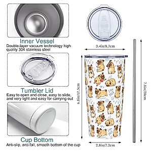 Pug Tumbler Pug Gift for Pug Lovers, Dog Cup with Lid and Straw, 20 Oz Stainless Steel Insulated Bottle Coffee Mug