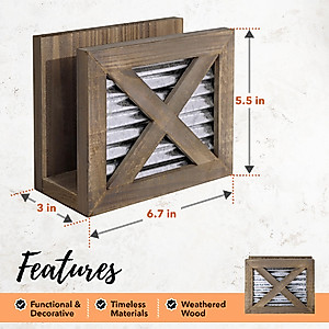 Autumn Alley Farmhouse Napkin Holder - Upright Wooden Napkin Holder - Classic Barn Door Motif with Galvanized Metal - Rustic Napkin Holder for Farmhouse Kitchen Décor - Durable Country Napkin Holder