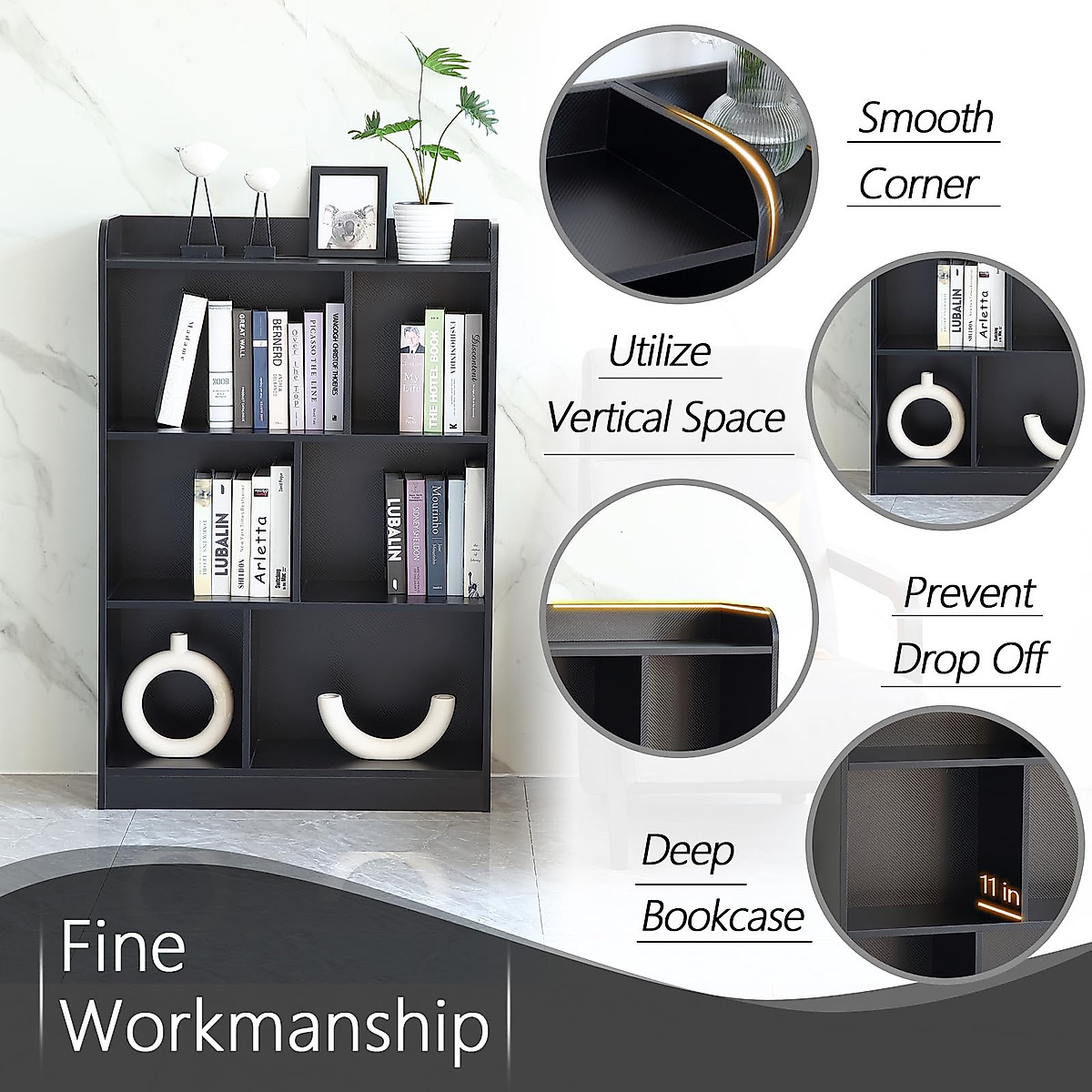 COMUHOME Book Shelf with Back Panel Stability 6 Cube Bookcase Multifunctional Cube Storage Organizer for Bedroom Living Room Office Closet School in Black with 31.49''W