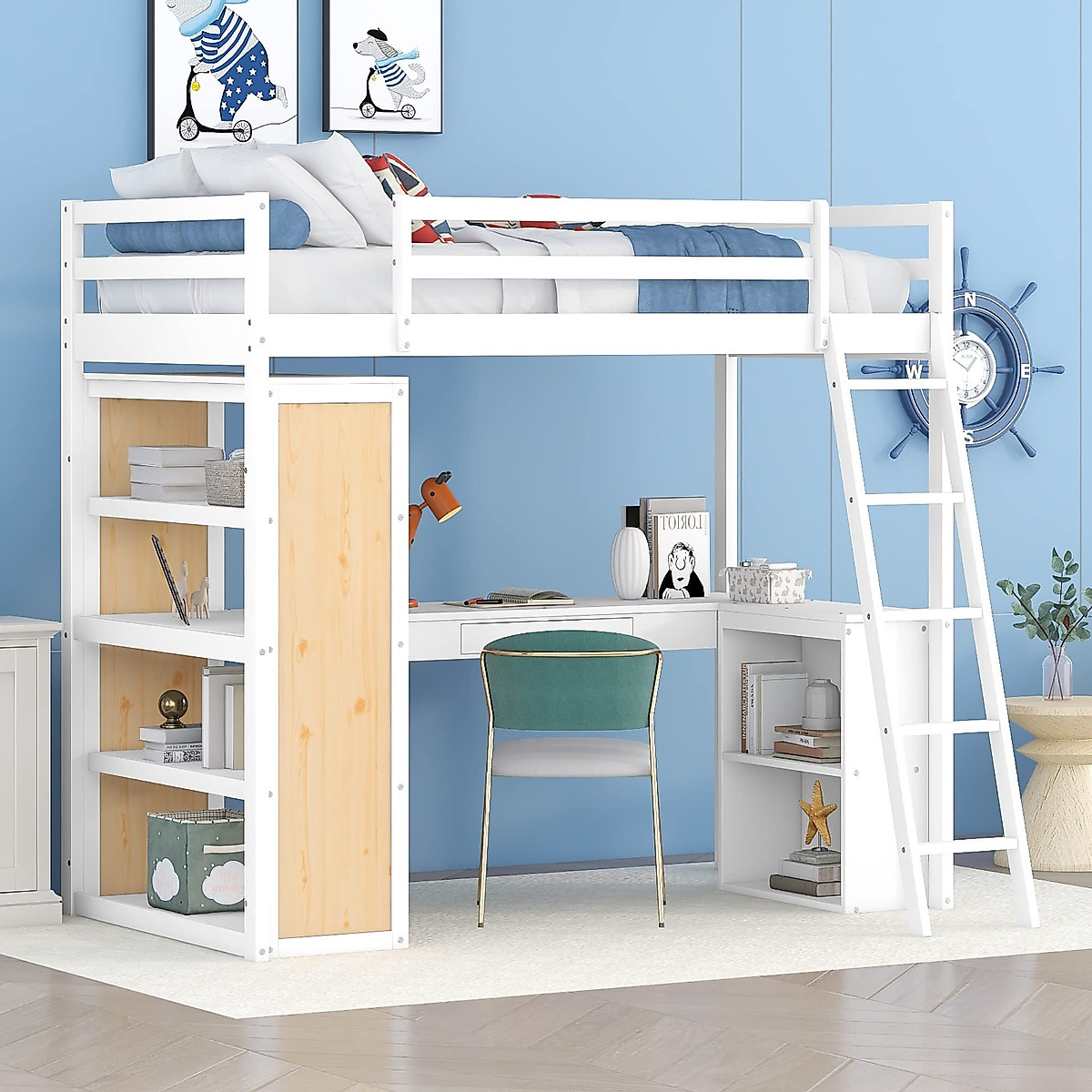 Harper & Bright Designs Twin Size Loft Bed with Desk and Drawer, Wood Twin Loft Bed with Desk,Shelves and Cabinet Underneath, High Loft Bed Twin with Storage for Kids, Boys,Girls,Teens (White,Twin)