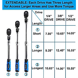 YOTOO Extendable Ratchet Set 3Pcs 1/4", 3/8" & 1/2" Drive 72 Tooth Flex-Head Quick Release Locking Ratchets