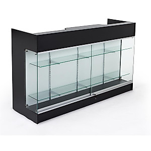 Displays2go 6ft Retail Sales Counter with Glass Shelves, Tempered Glass, Laminated Particle Board, Locking Drawers – Black (MRCLSC72BK)