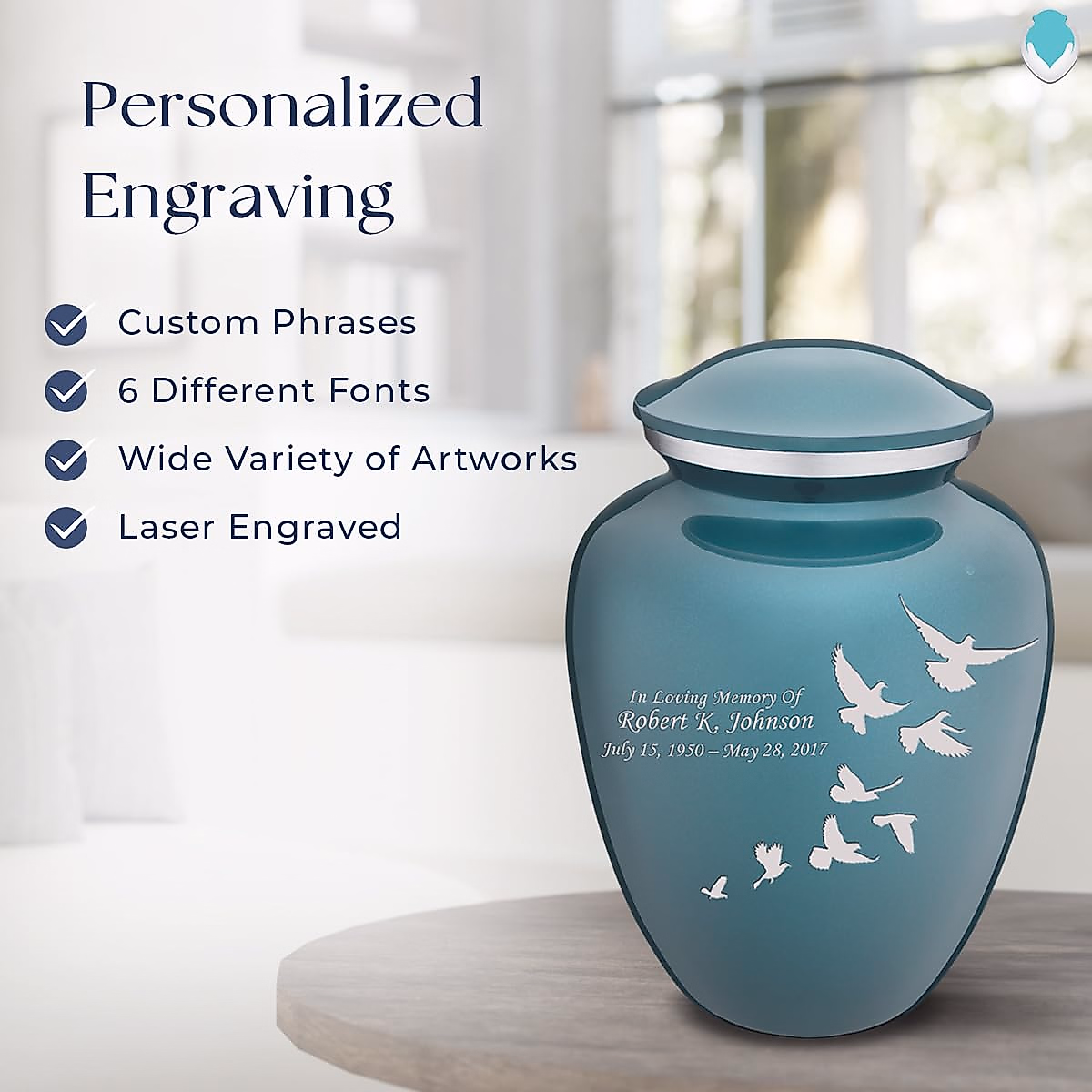 Geturns Embrace Adult Personalized Doves Cremation Urns for Human Ashes I Large Teal Funeral Urn for Men and Women I 200 lbs