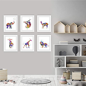 Dignovel Studios Unframed (Set of 6) 8X10 Elephant Sloth Alpaca Chimpanzee Giraffe Lion Watercolor Wild Animal Prints Baby Art Print Set Nursery Decor dnc6