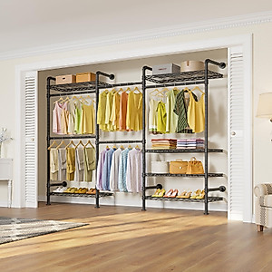 Timate F3 Garment Rack Heavy Duty Clothes Rack for Hanging Clothes, Expandable Industrial Pipe Wall Mounted Clothing Rack, Adjustable Storage Closet Wardrobe Closet Kit Walk in Closet Systems, Black