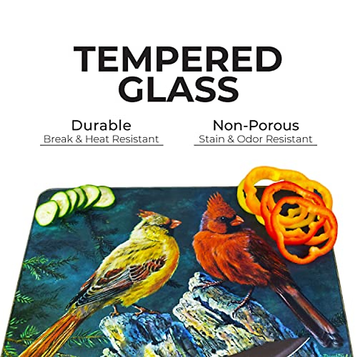 Rivers Edge Products Large 12in x 16in Decorative Tempered Glass Cutting Board, Hypoallergenic, Non Slip, Textured Surface Chopping Board for Kitchen, Cute Birds for Bird Watcher, Cardinal