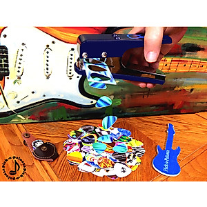 Pick-a-Palooza DIY Guitar Pick Punch Gift Pack - the Premium Guitar Pick Maker - Includes Leather Key Chain Pick Holder, 4 Pick Strips and a Pick File - Blue