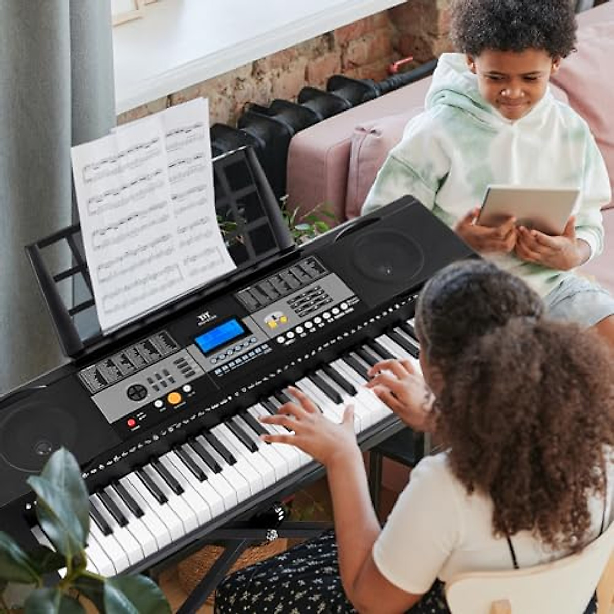 MUSTAR 61 Key Piano Keyboard, Touch Sensitive Keyboard Piano for Beginners, Electric Keyboards Piano with Stand, LCD Display, Headphones, Microphone, Power Adapter, Kids Birthday Gifts, Black