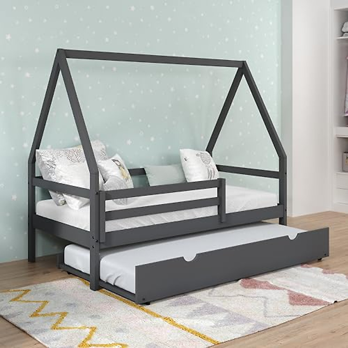 Donco Kids A-Frame Modern Twin Dark Grey House Bed with Twin Trundle