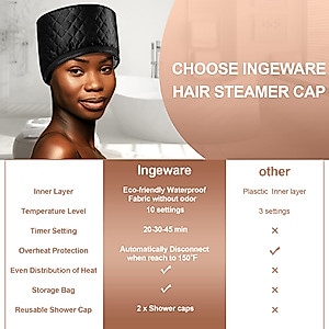 Heat Cap for Deep Conditioning, Ingeware Thermal Cap for Hair Steamer Cap for Natural Hair Portable Electric Heat Hair Spa Cap for Home Use Pattern (Solid Black)