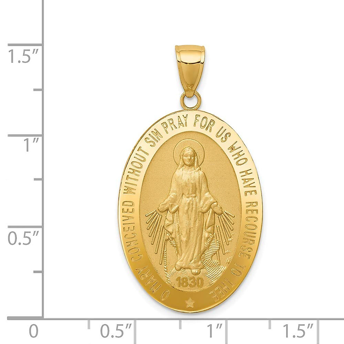Solid 14k Yellow Gold Virgin Mary Pray for Us Charm Miracle MedalPendant Charm - 41mm x 21mm