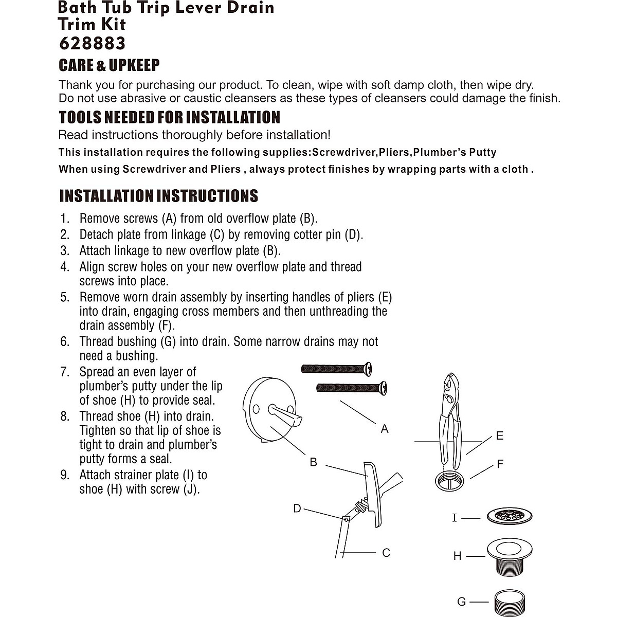 Artiwell Trip Lever Tub Trim Kit Set With Trip Lever Overflow Face Plate, Trip Lever Bathtub Drain with Strainer, Overflow and Matching Screws (BRUSHED NICKEL)