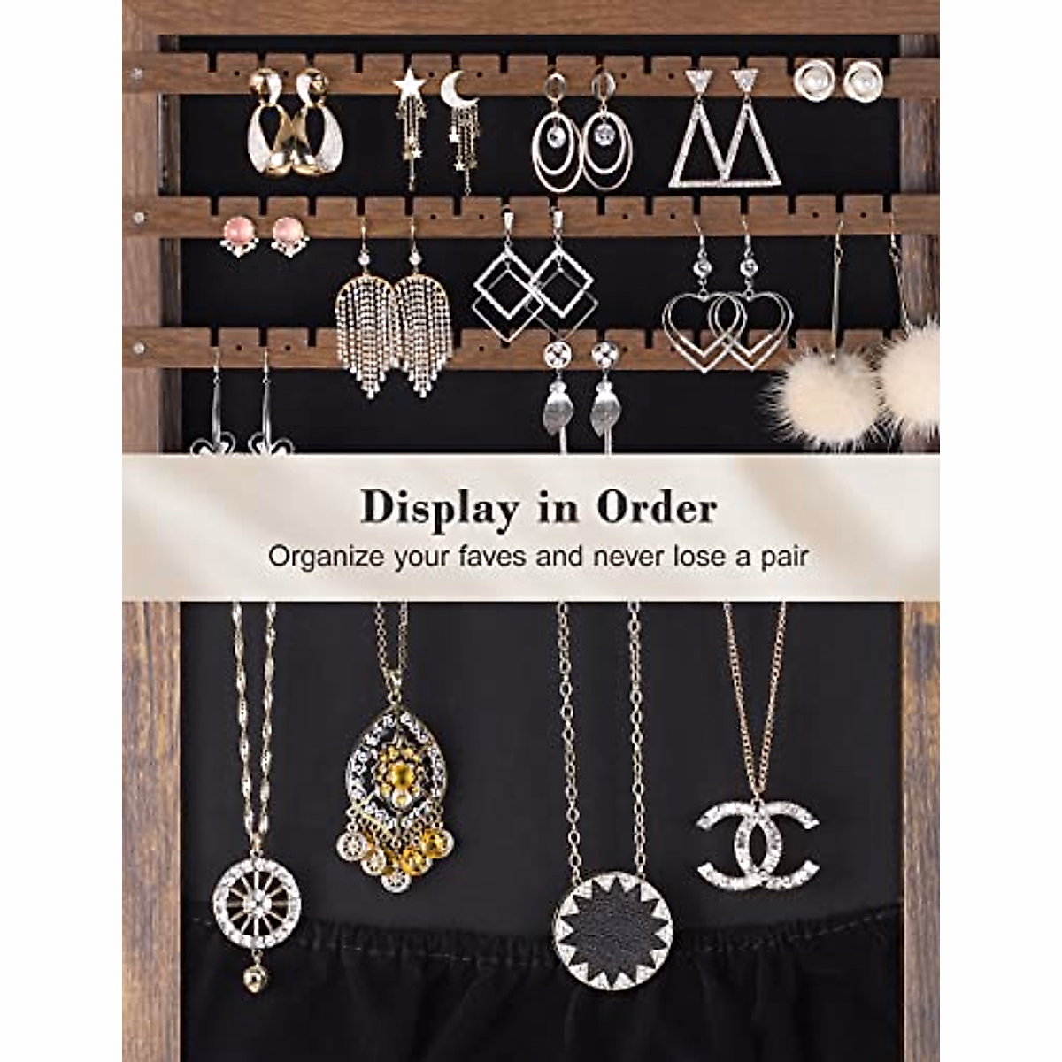 Nicetree 360° Swivel Jewelry Cabinet with Lights, Touch Screen Vanity Mirror, Rotatable Full Length Mirror with Jewelry Storage, Locking Jewelry Armoire Organizer, Foldable Makeup Shelf, Rustic Brown