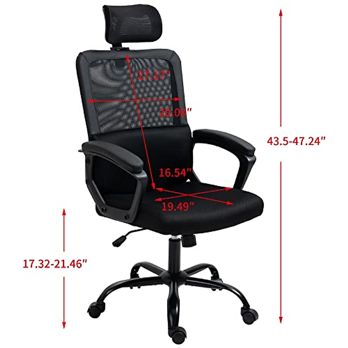Office Chair, Ergonomic Mesh Desk Chair, High Back Computer Chair with Adjustable Headrest,Lumbar Support, Tilt Function,Swivel Rolling, Soft PU Armrest Task Chair Home Office Desk Chairs, Black