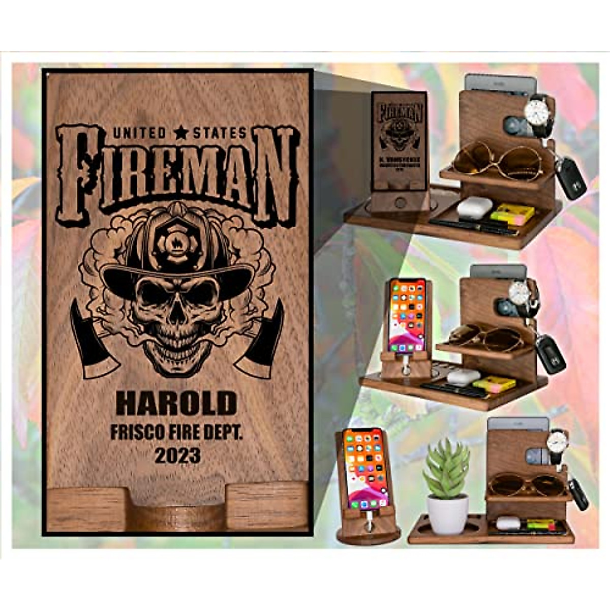 Taidesor Custom Name Gifts For District Chief - Skull Smoke Head - Frisco Fire Dept, Handmade Wooden Personalized Birthday, Promotion, Graduation, Retirement Gift For Firefighter Fireman