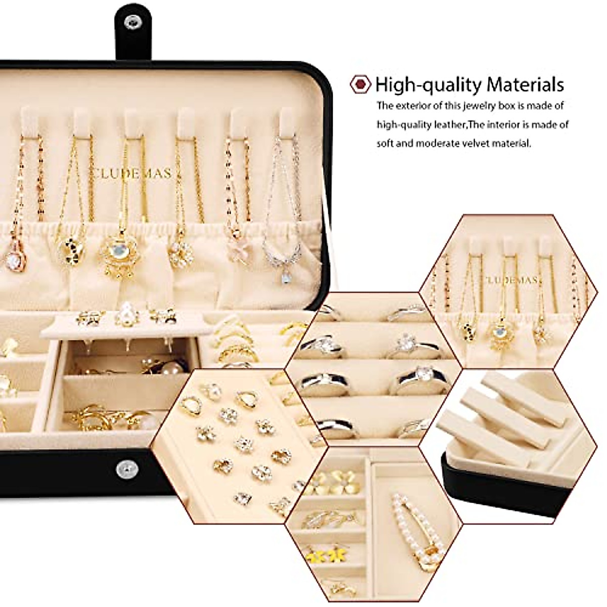 CLUDEMAS Travel Jewelry Box Case Organizer for Women Girls, PU Leather Small Jewelry Storage Boxes, Portable Display Jewellery Holder for Watch Rings Earrings Necklaces Bracelets Men Kids Gift, Black