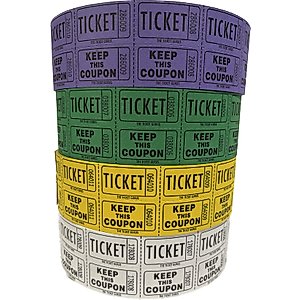 The Ticket Gurus - 4 Rolls of 2000 Double Tickets (Purple/Green/White/Yellow) - 8,000 Total 50/50 Raffle Tickets