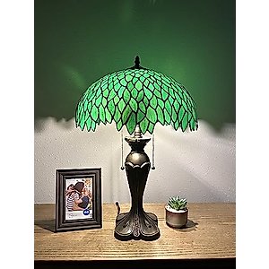 Enjoy Tiffany Style Table Lamp Green Stained Glass Leaves Included LED Bulbs Vintage for Living Room Dining Room Bedroom Bedside Office Hotel H24*W16 in