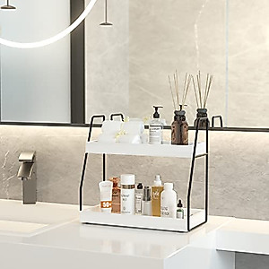 ZGO 2-Tier Bathroom Counter Organizer, Wood Bathroom Organizer Countertop Vanity Organizer Bathroom Tray, Kitchen Spice Rack Counter Shelf Organizers and Storage, White