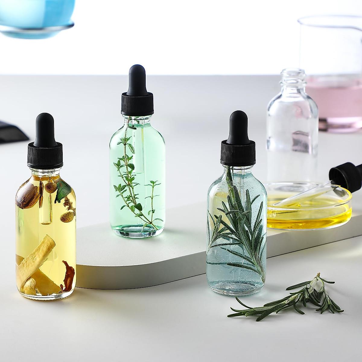 AOZITA Set of 4, 1 oz Clear Eye Dropper Bottles with 1 Stainless Steel Funnels & 4 Labels - Black Caps 30ml Thick Glass Tincture Bottles - Leakproof Essential Oils Bottle for Storage and Travel