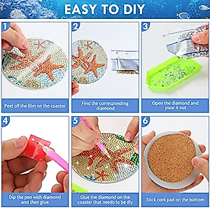 LSHUOYAN 8 Pcs Sea Creature Diamond Painting Coaster Set, DIY Acrylic Coaster with Stand, Diamond Painting Kits, Art Craft Supplies for Beginners, Adults and Children