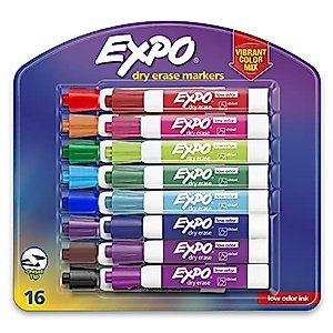 EXPO Low Odor Dry Erase Markers, Chisel Tip, Assorted Colors, 16 Count