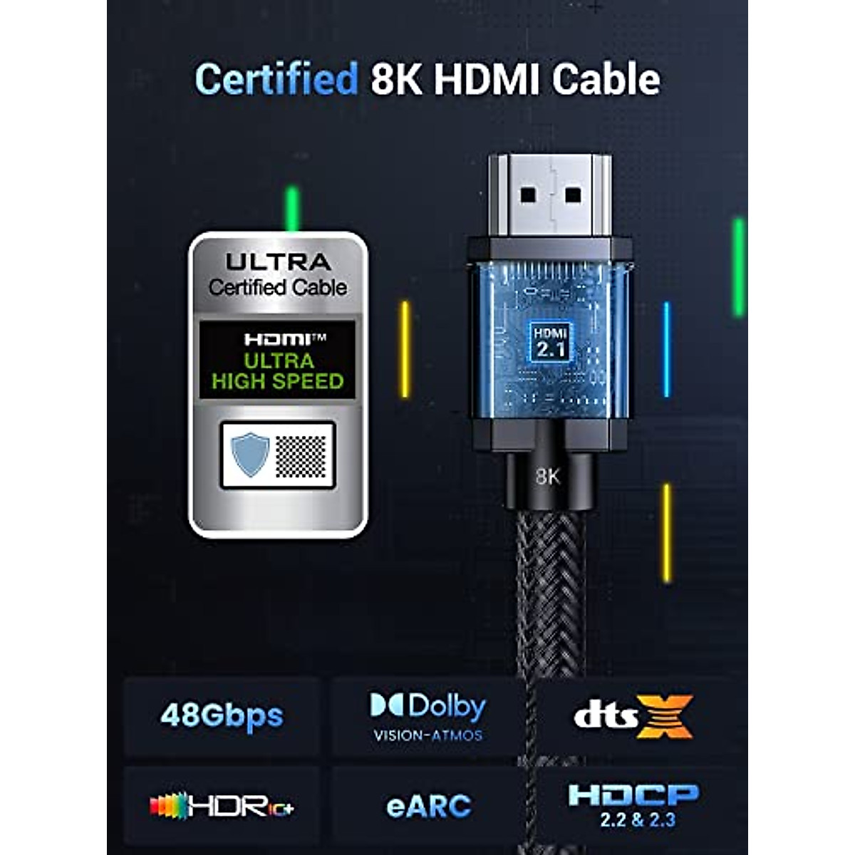 UGREEN 8K HDMI 2.1 Cable Certified 6.6FT Ultra High Speed HDMI Cord 4K 120Hz 48Gbps HDCP 2.2&2.3 eARC HDR Dolby Compatible for PS5 Xbox Series X Nintendo Switch Roku TV Laptop Monitor