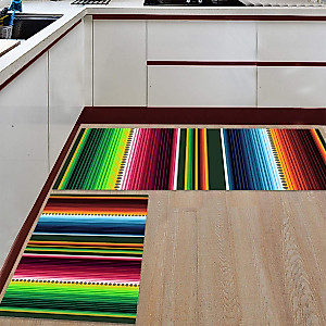 Infinidesign 2 Piece Mexican Serape Kitchen Mats Set 19.7x31.5inch+19.7x47.2inch, Anti-Fatigue Non-Slip Chef Mat Kitchen Rug Cushioned Floor Rugs, Colorful Stripes