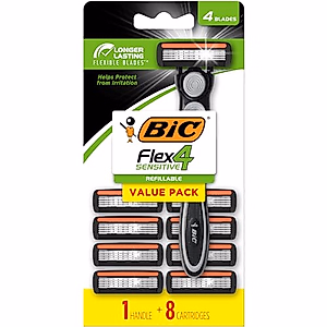 BIC Flex 4 Refillable Razors for Men, Long-Lasting 4 Blade Disposable Razors for Sensitive Skin, 1 Handle and 8 Cartridges, 9 Piece Shaving Kit