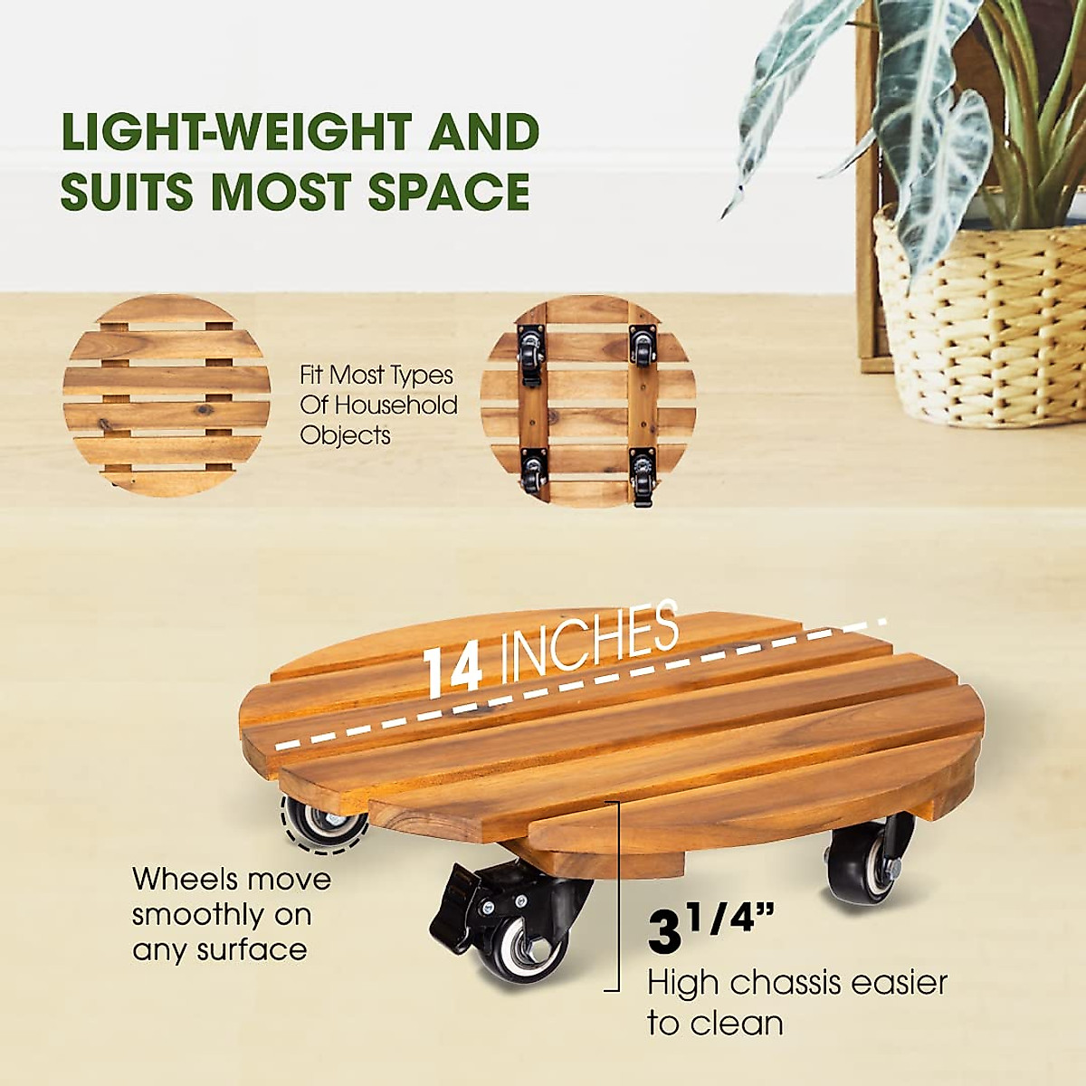 Idzo 2pack 14inches Wood Plant Caddy With Wheels Heavy Duty, 264 Lbs Capacity, Acacia Hardwood Plant Dolly, Plant Stand with 360° Lockable Wheels for Plant Pots, Heavy Objects Hauling - Natural Wood