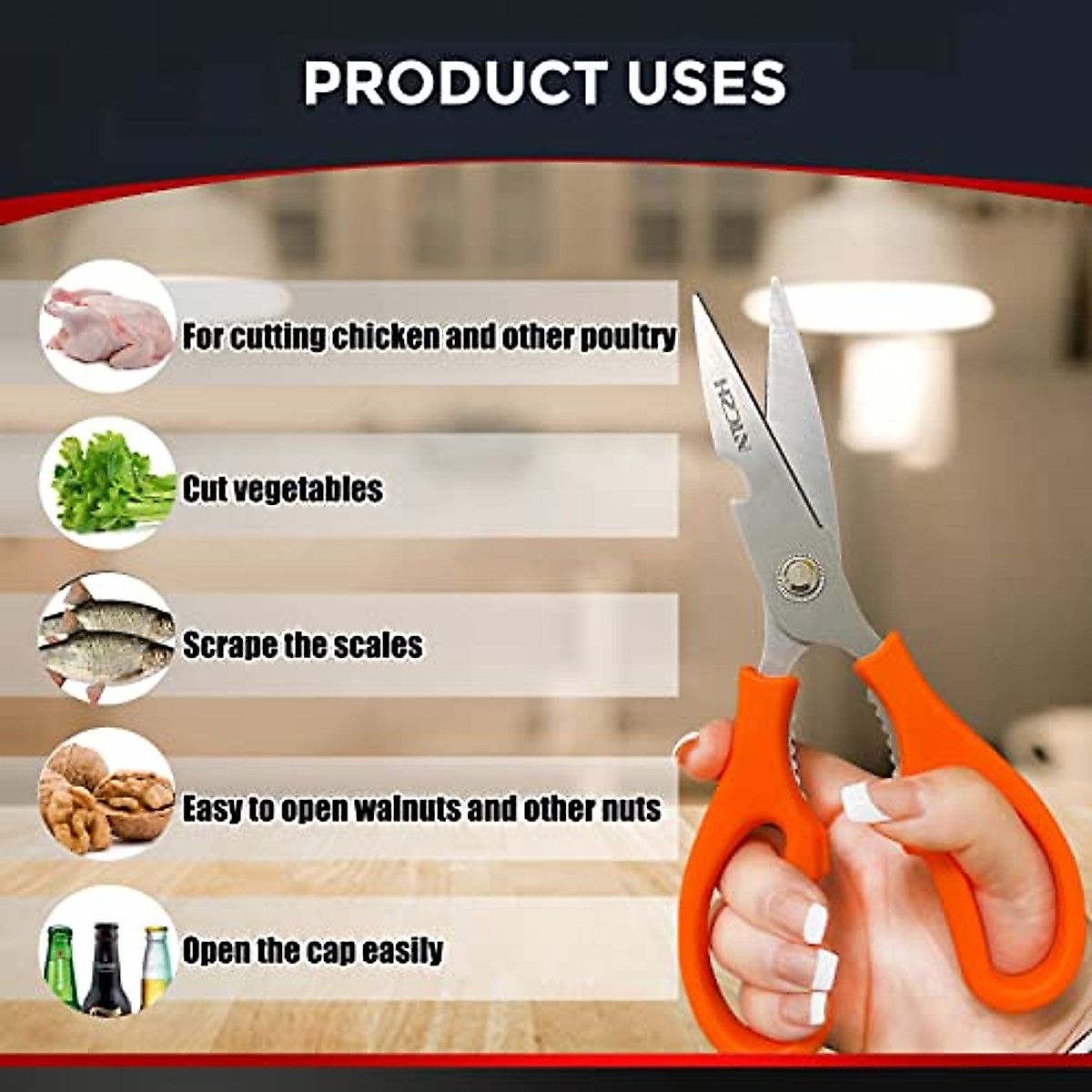 Kitchen Shears, Multi-function Heavy Duty Dishwasher Safe Poultry Shears, Food Grade Stainless Steel Sharp Utility Scissors for Food, White