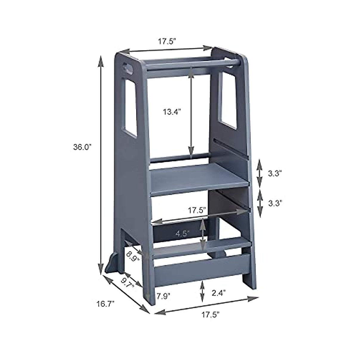 Kid's Wooden Kitchen Step Stool, Adjustable Platform Standing Tower, with Safety Guardrail Child Studying Tower, Toddler Stool for Bathroom, Cooking Helper（Grey）