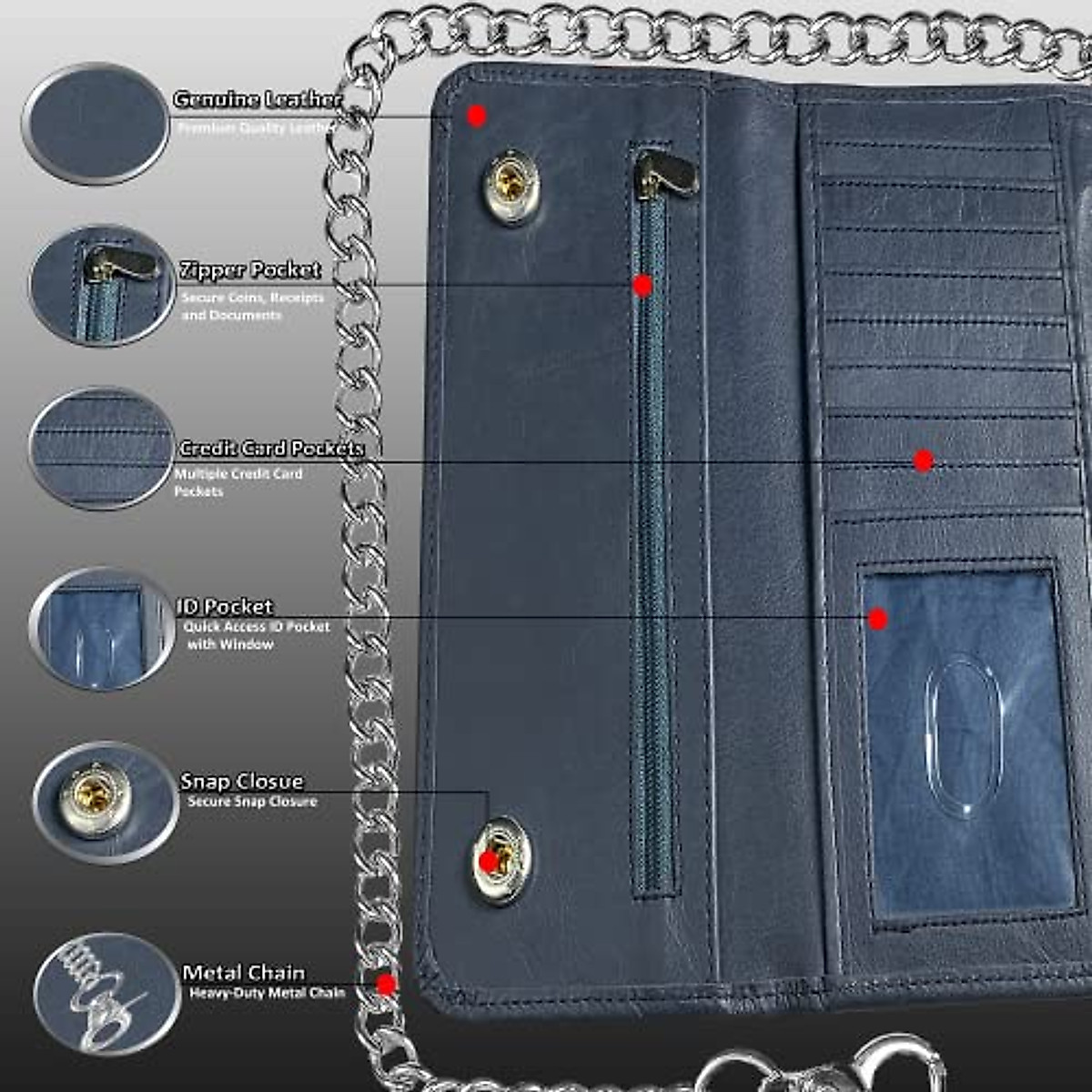 IBRO Motorcycle Chain Wallet for Men – 100% Natural Genuine Leather, Long Trifold RFID Blocking, Credit Card Money Organizer - Men’s Trucker Biker Metal Chain Wallets Steel Blue