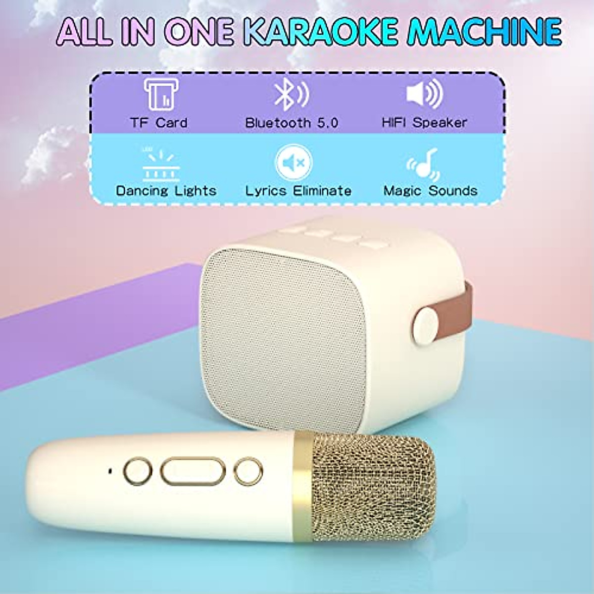 YLL Kids Karaoke Machine, Portable Bluetooth Speaker with Wireless Microphone for Adults, Karaoke Toys Gifts for Girls Ages 4, 5, 6, 7, 8, 9, 10, 12 +Year Old Birthday Party (Beige)