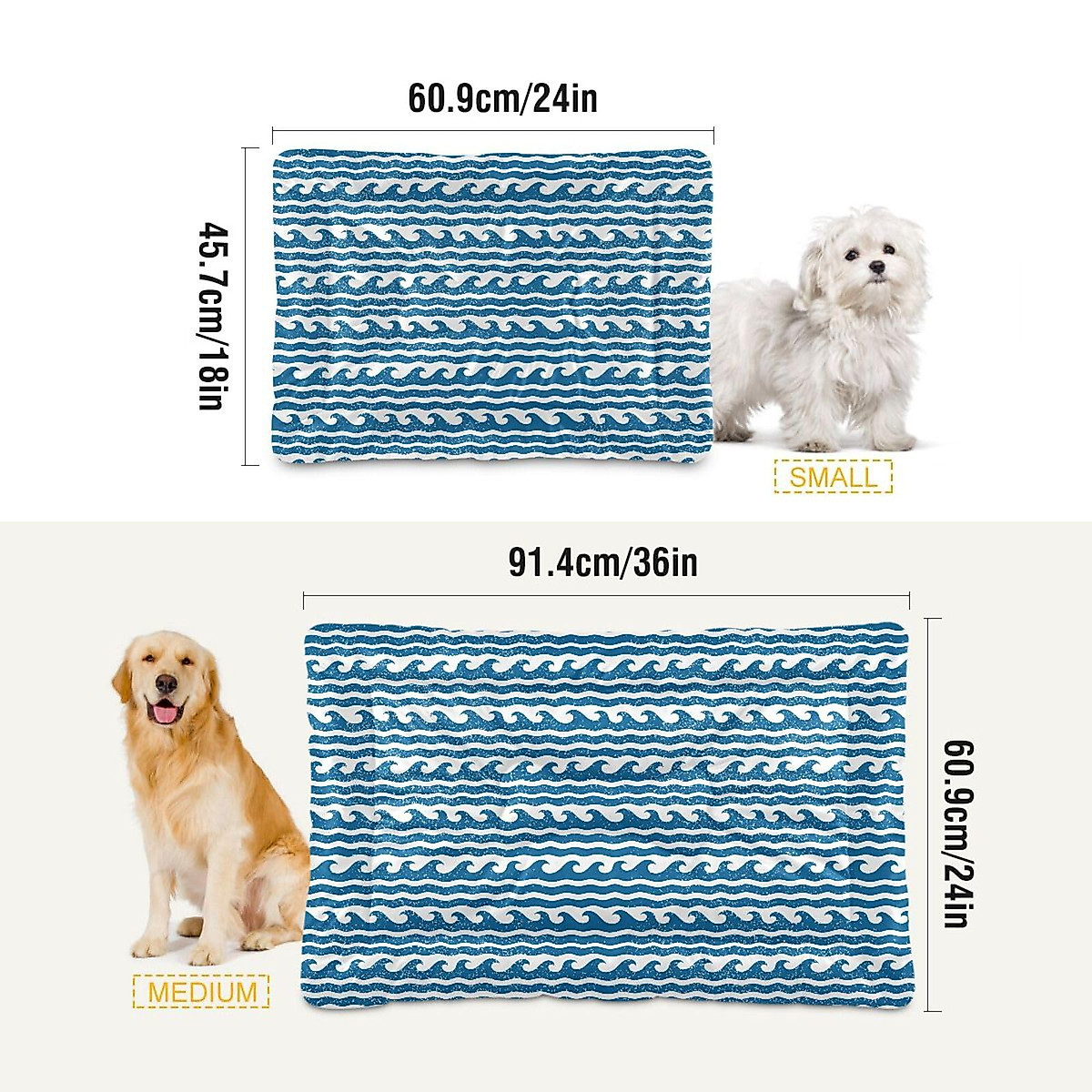 Coikll Ocean Waves Ornament Pet Bed Pad Soft Dog Bed Mat with Anti-Slip Bottom, Machine Washable Crate Pad Mattress for Dog Sleeping- 24 * 18inches