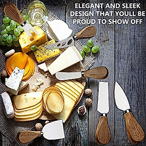 MJuAn Premium 6-Piece Cheese Knife Set,Complete Stainless Steel Cheese Knives Collection(Acacia Wood Handle)-Cheese Spreader Knife for Charcuterie,Gift-Ready