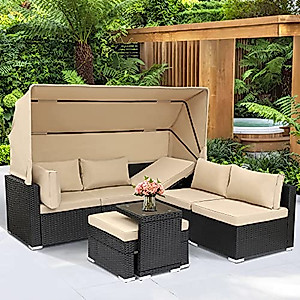 MAGIC UNION 7 Pieces Patio Furniture Sets Daybed with Retractable Canopy, Outdoor Rattan Sectional Sofa Set, Wicker Patio Seating Chairs with Adjustable Backrest for Backyard,Garden,Poolside (Khaki)