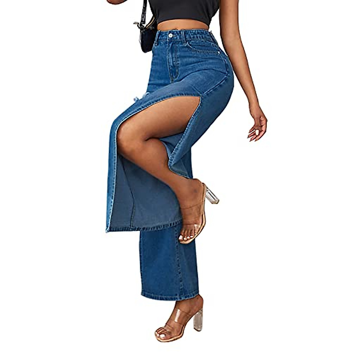 SCOMCHIC Womens Casual High Waist Ripped Side Slit Jeans Butt Lift Distressed Stretchy Wide Leg Denim Jeans Blue L