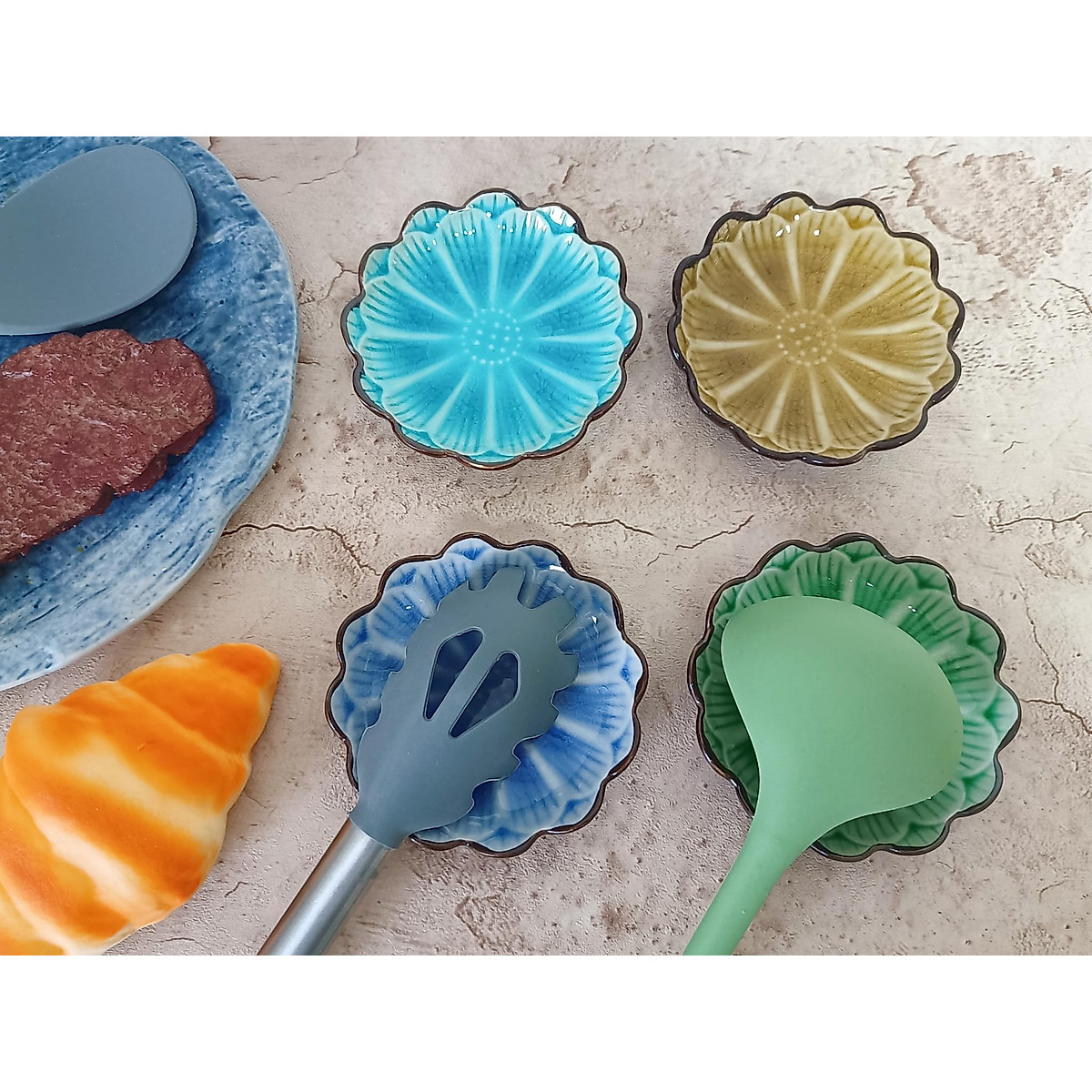 Ceramic Spoon Rest for Stove Top, Flower Cute Spoon Rest for Kitchen Counter, Cooking Spoon Holder for Kitchen Counter, Utensil Rest for Spoon Spatula Ladle or Tong, 1 PC (Ice Cracks Lake Blue)