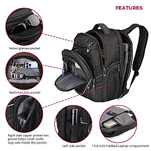 Swissdigital Terabyte TSA-Friendly Water-Resistant Large Backpack, Business Laptop Backpack for Men with USB Charging Port/RFID Protection Big School Bookbag Fits up to 15.6" Travel Laptop Backpack