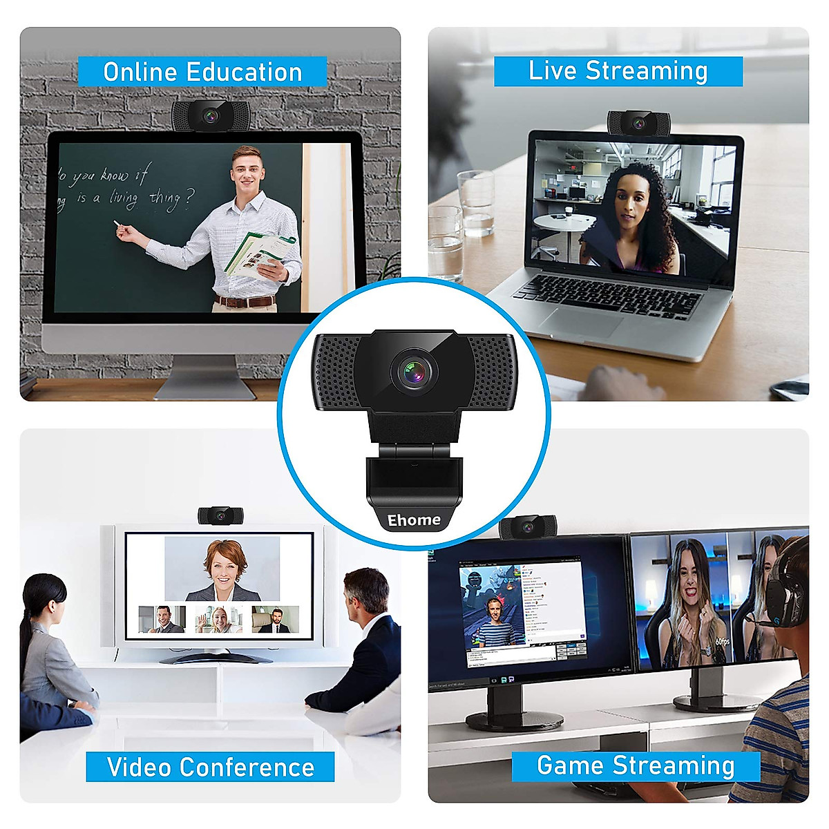 Ehome Webcam with Microphone, 1080P USB 2.0 Noise-Cancelling Web Camera Plug and Play Rotatable Laptop Web Cam for Desktop PC Video Calling Online Class Conferencing Streaming Recording Gaming