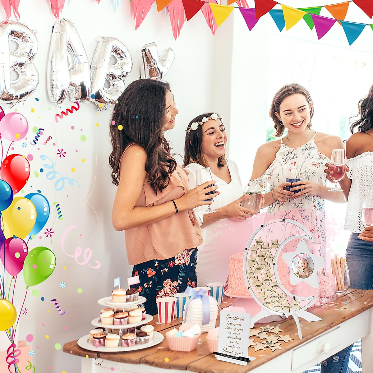 Dolodomy Baby Shower Guest Book, 68PCS Baby Shower Sign in Guest Book Baby Shower Decorations Moon Token Frame Star Wooden Keepsake Frame Baby Shower Decors 12.6IN Acrylic Baby Shower Favors